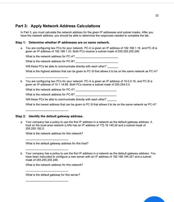 Solved 12 Part 3: Apply Network Address Calculations In Part | Chegg.com