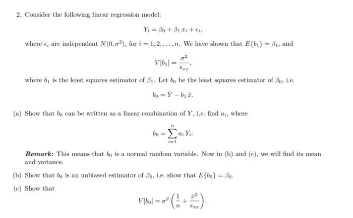 Solved Consider the following linear regression model:Yi = | Chegg.com