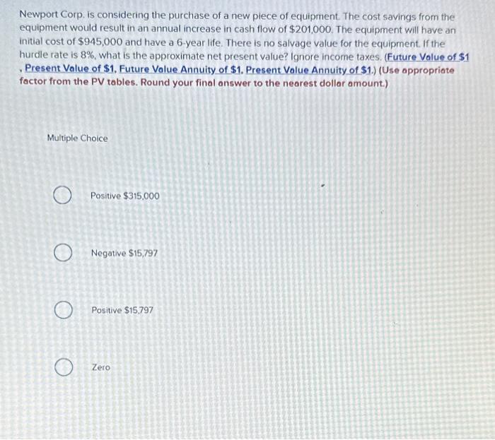 Solved Newport Corp. is considering the purchase of a new | Chegg.com