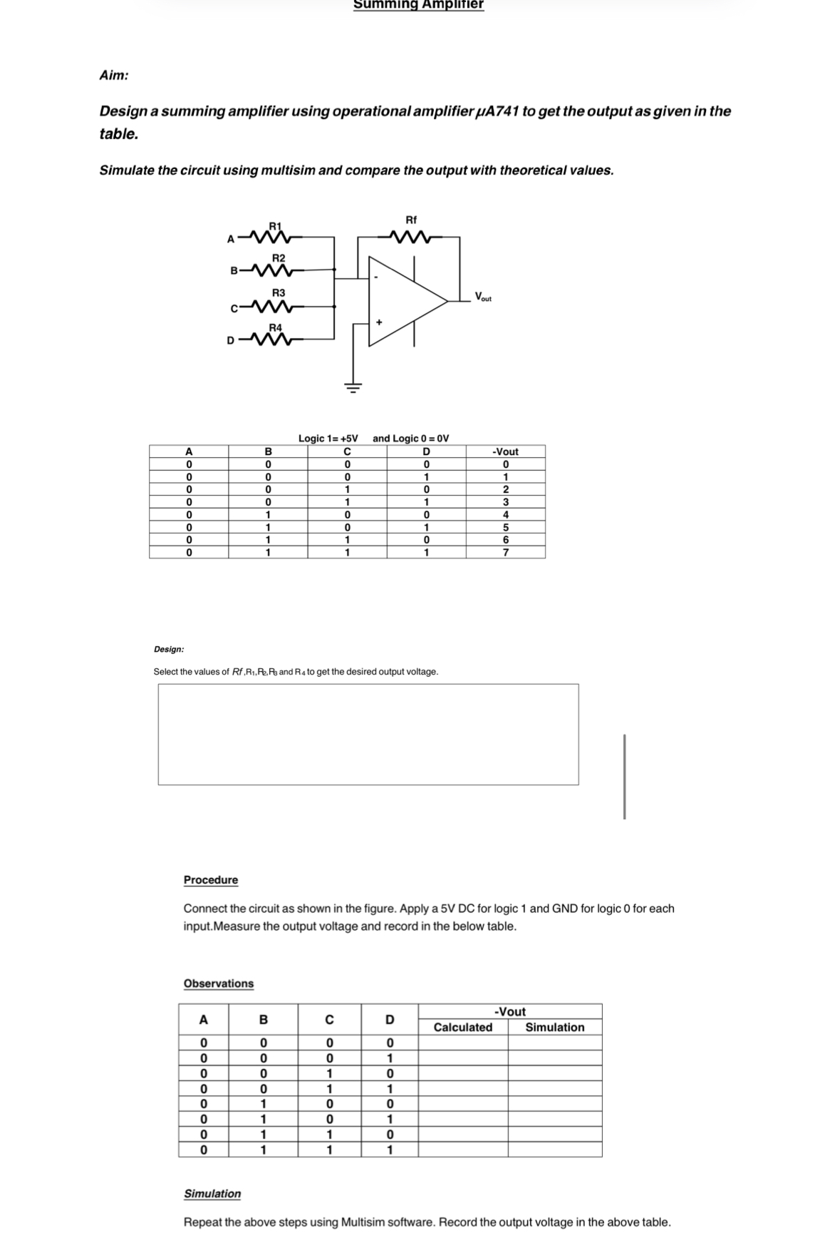 Solved Aim:Design a summing amplifier using operational | Chegg.com