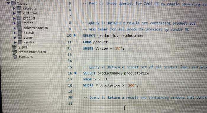 Solved Part C: Write queries for ZAGI DB to enable answering | Chegg.com