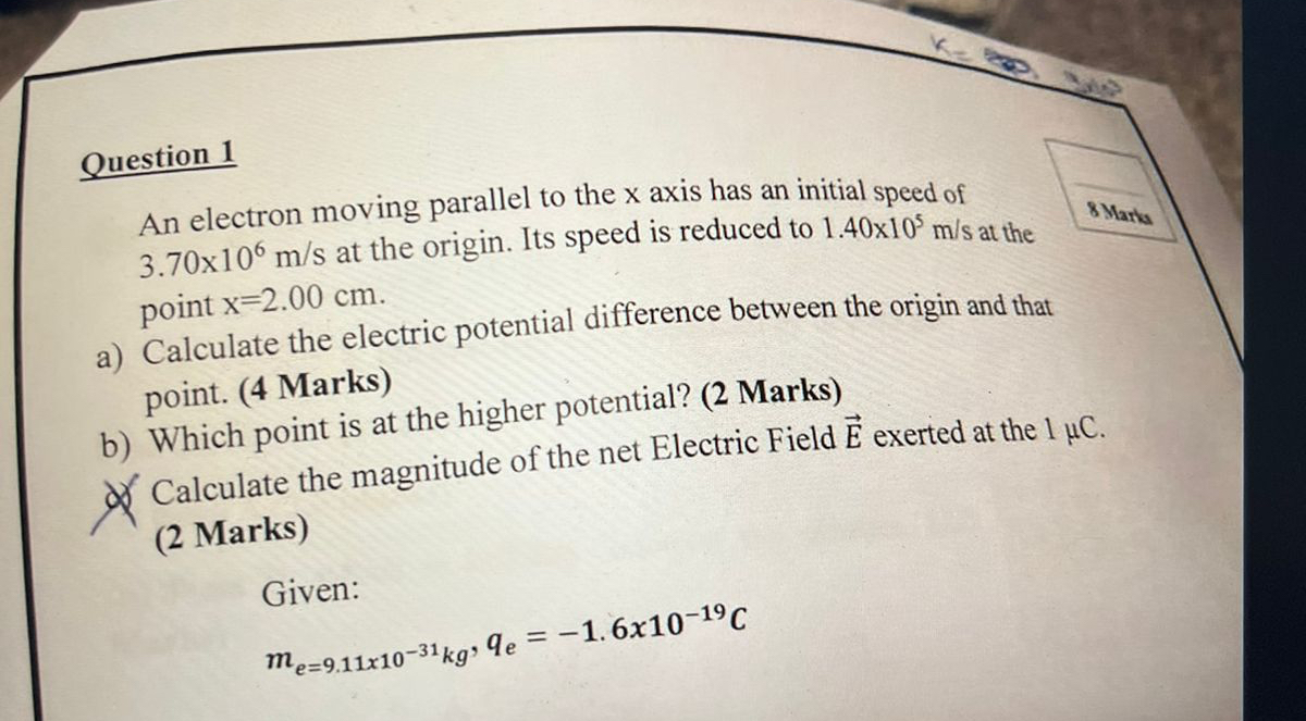 Solved Question 1An electron moving parallel to the x ﻿axis | Chegg.com