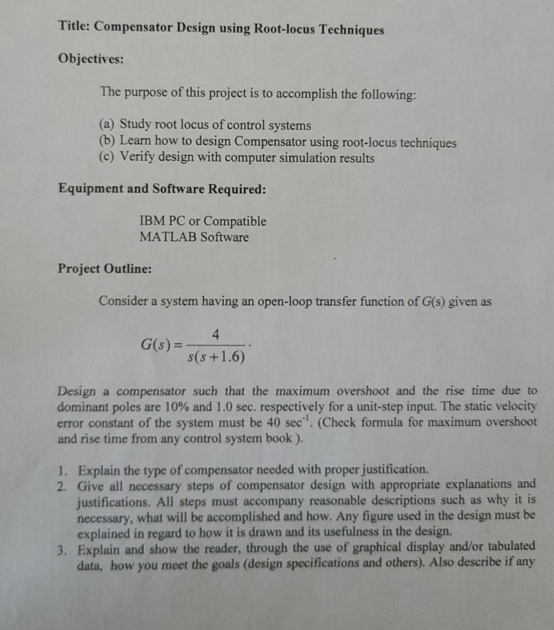 Title: Compensator Design using Root-locus Techniques | Chegg.com