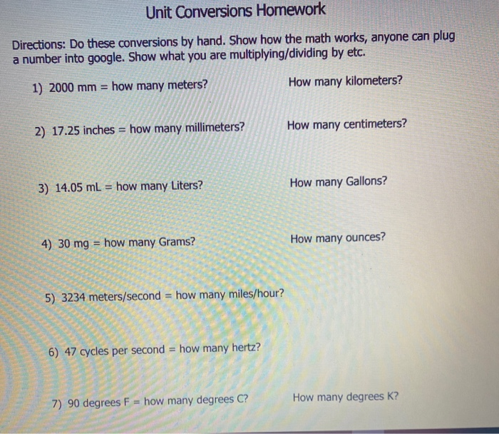 Solved Unit Conversions Homework Directions: Do these | Chegg.com