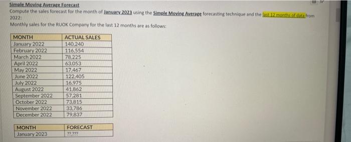 Solved Simnle Moving Average Forecast Compute the sales | Chegg.com