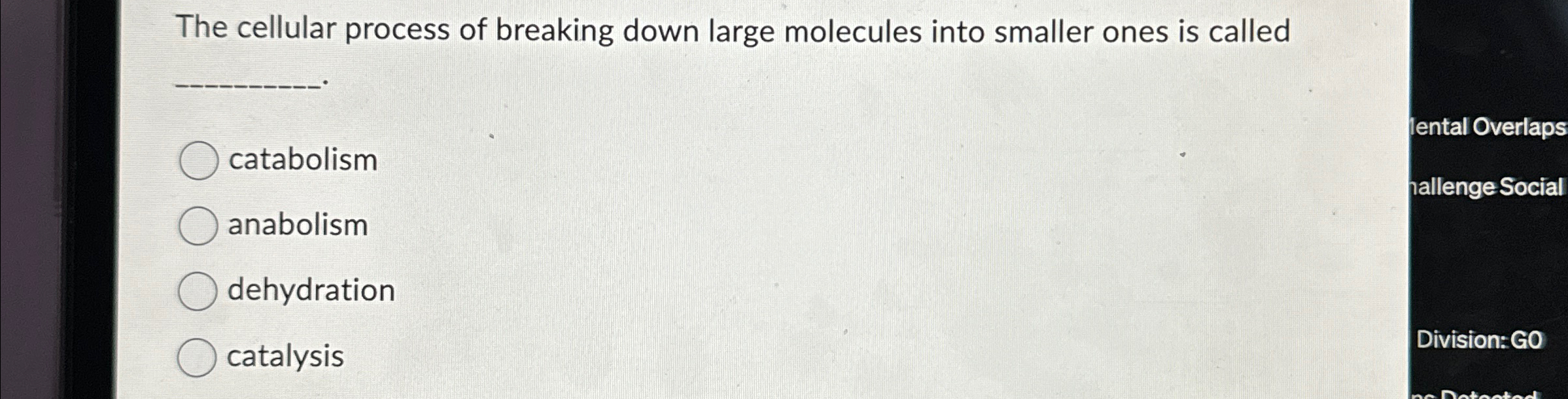 Solved The cellular process of breaking down large molecules | Chegg.com