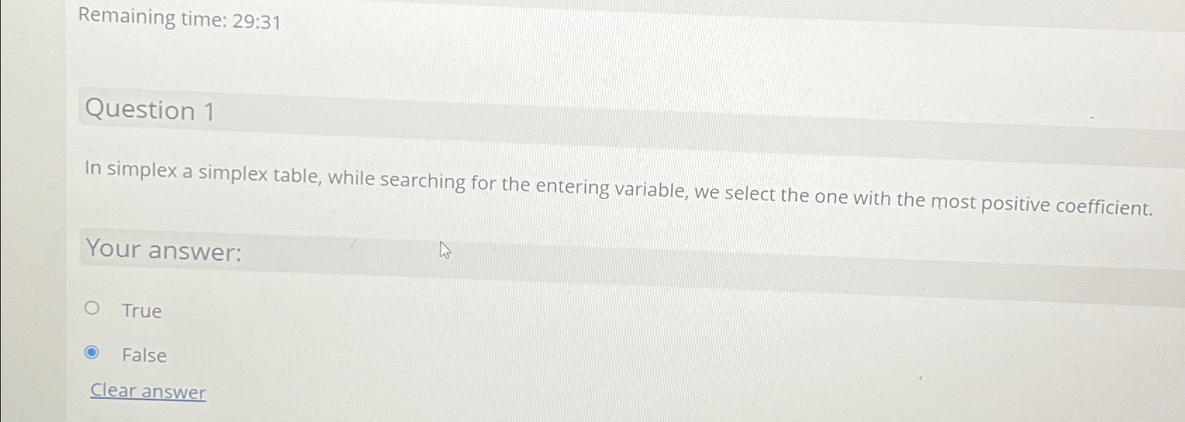 Solved Remaining time: 29:31Question 1In simplex a simplex | Chegg.com