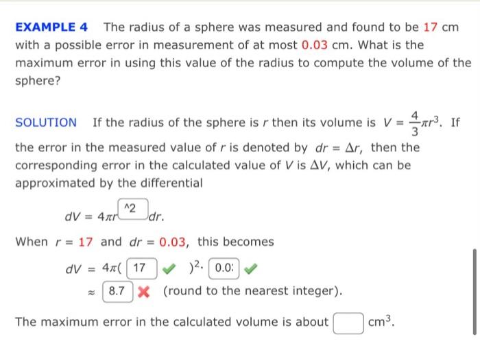 Solved EXAMPLE 4 The radius of a sphere was measured and | Chegg.com