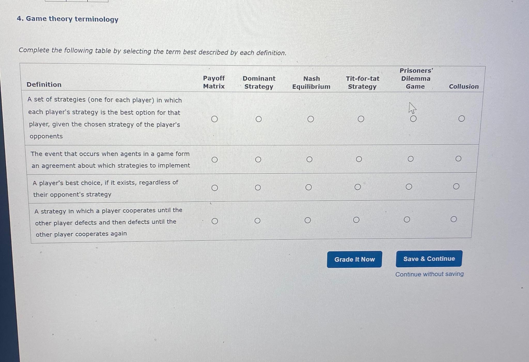 Solved Game theory terminologyComplete the following table | Chegg.com