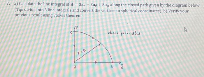 Solved 7. a) Calculate the line integral of H=3ar−3aθ+5aϕ | Chegg.com