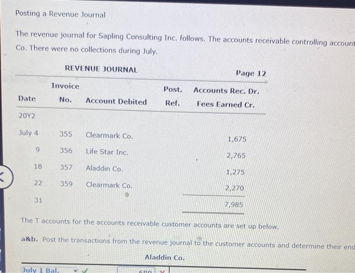 Solved Posting a Revenue Journal The revenue journal for | Chegg.com