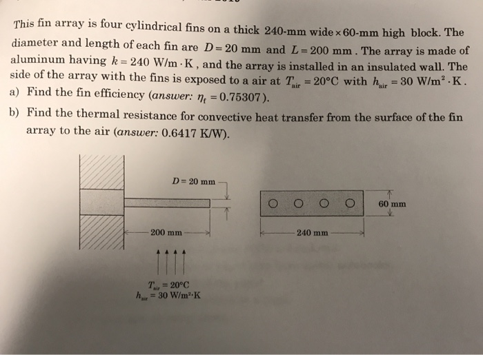 Solved This fin array is four cylindrical fins on a thick | Chegg.com