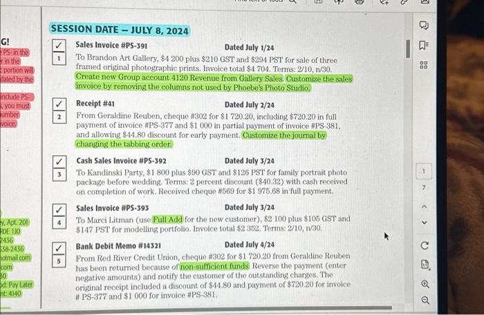 SESSION DATE - JULY 8, 2024 Sales Invoice \#PS-391 To | Chegg.com