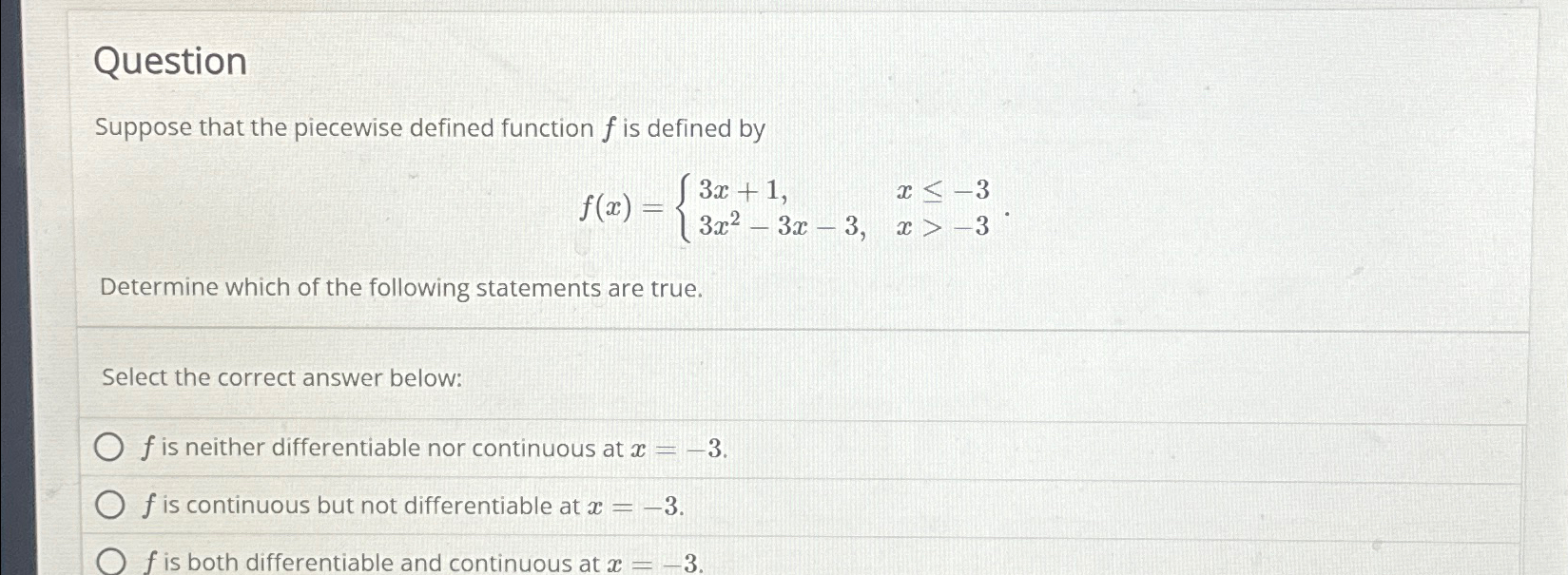 Solved QuestionSuppose that the piecewise defined function f | Chegg.com
