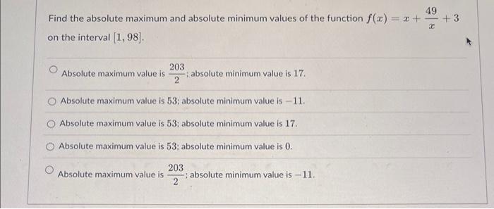 Solved Find the absolute maximum and absolute minimum values | Chegg.com