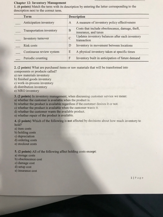Solved Chapter 12: Inventory Management 1. (6 points) Match | Chegg.com