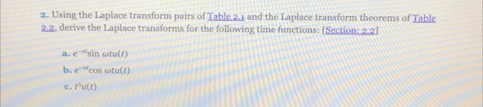Solved 2. Using the Laplace transform pairs of Table 2.1 and | Chegg.com