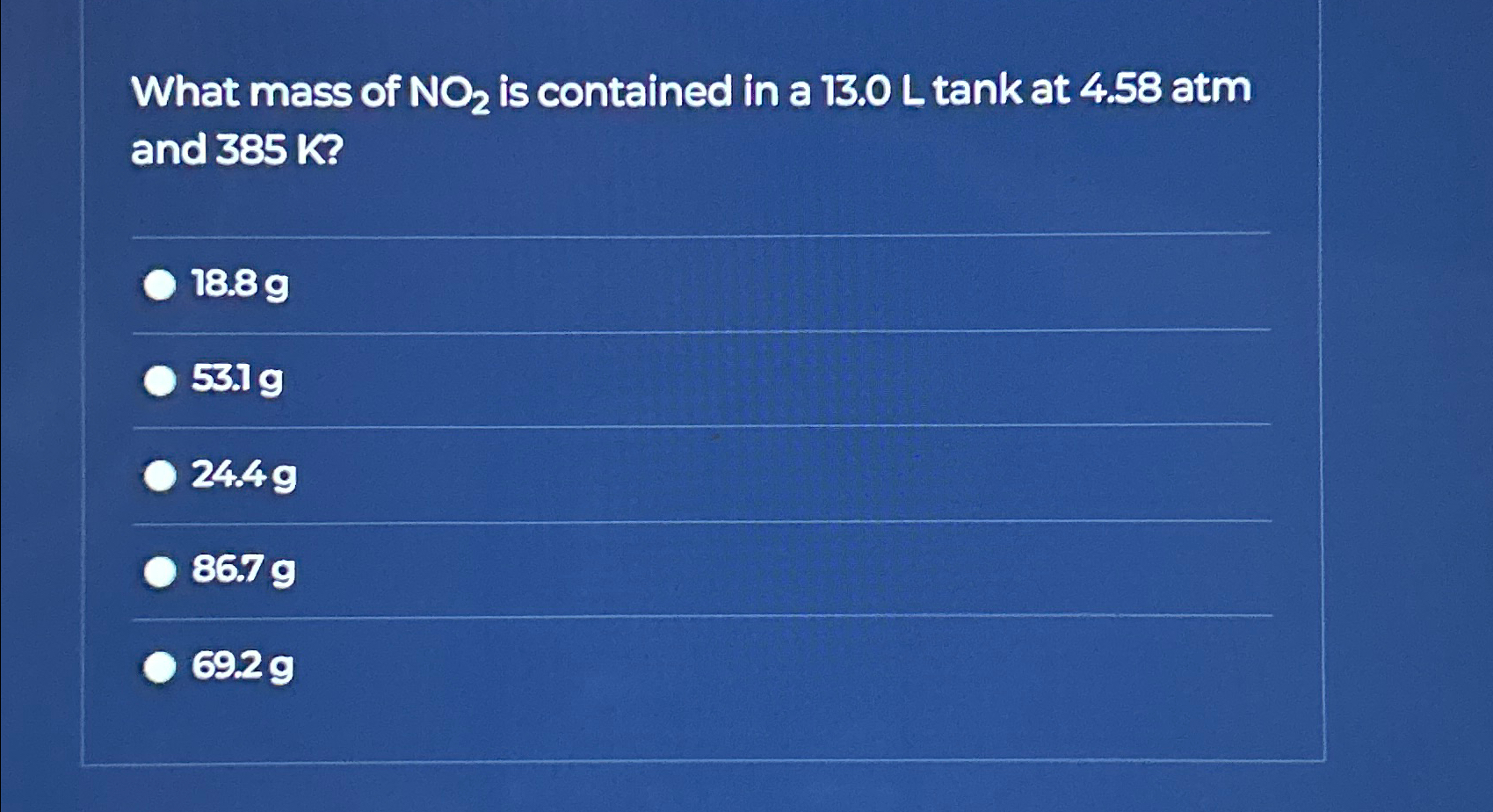 Solved What mass of NO2 ﻿is contained in a 13.0L ﻿tank at | Chegg.com