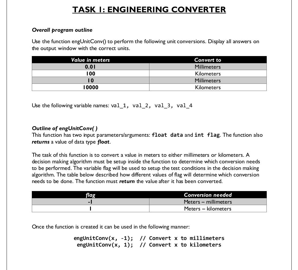 Solved TASK I: ENGINEERING CONVERTER Overall program outline | Chegg.com