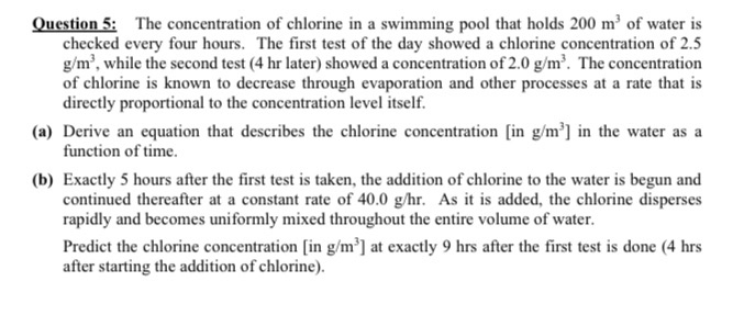 Solved Question 5: The concentration of chlorine in a | Chegg.com