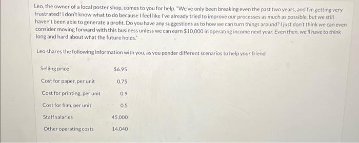 Solved Leo, the owner of a local poster shop, comes to you | Chegg.com