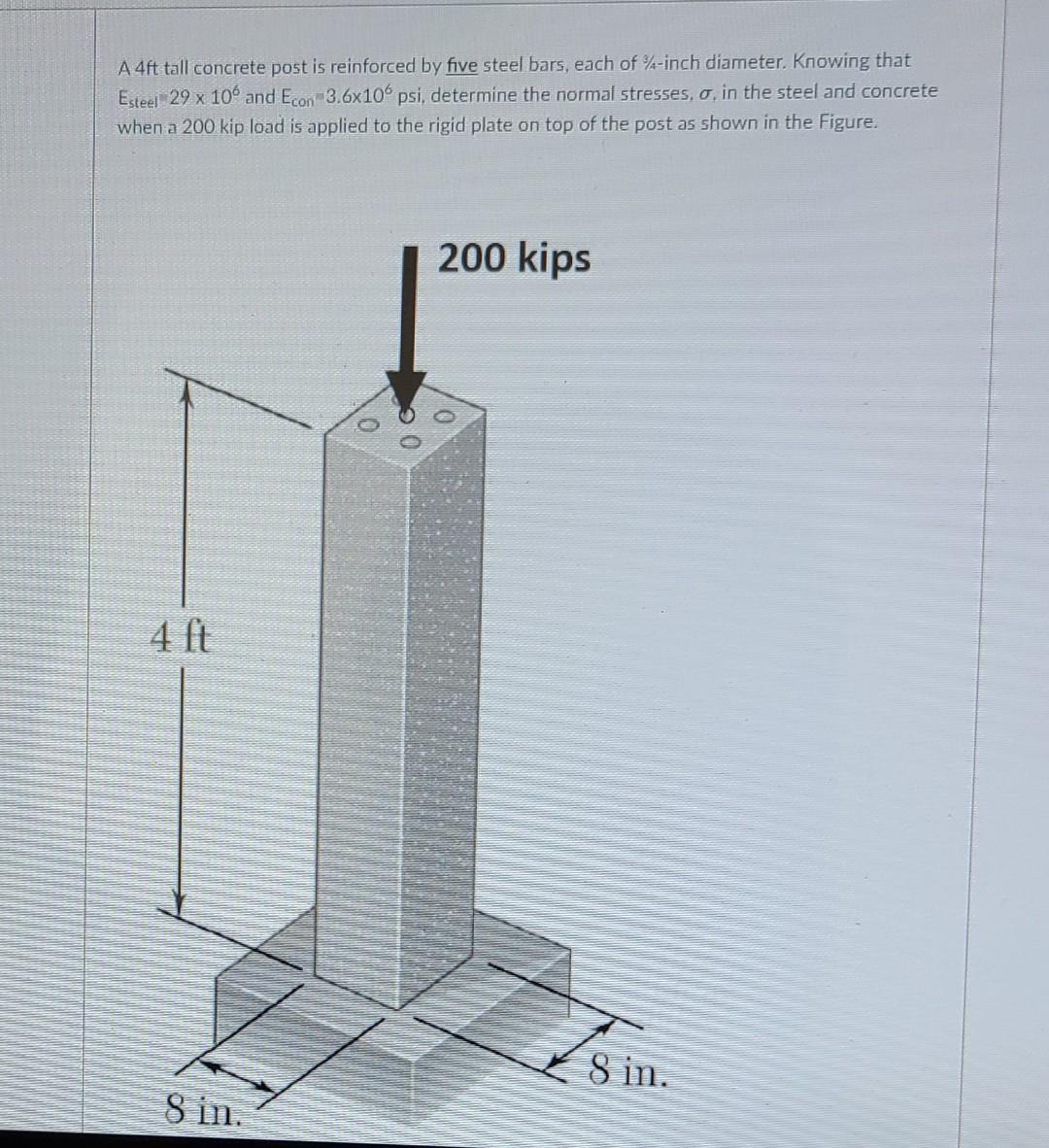 Solved A 4ft tall concrete post is reinforced by five steel | Chegg.com