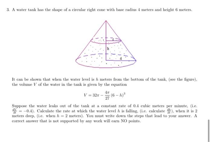 Solved 3. A water tank has the shape of a circular right | Chegg.com