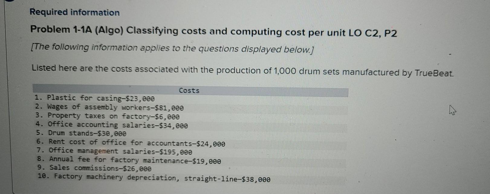 Solved Required information Problem 1-1A (Algo) Classifying | Chegg.com
