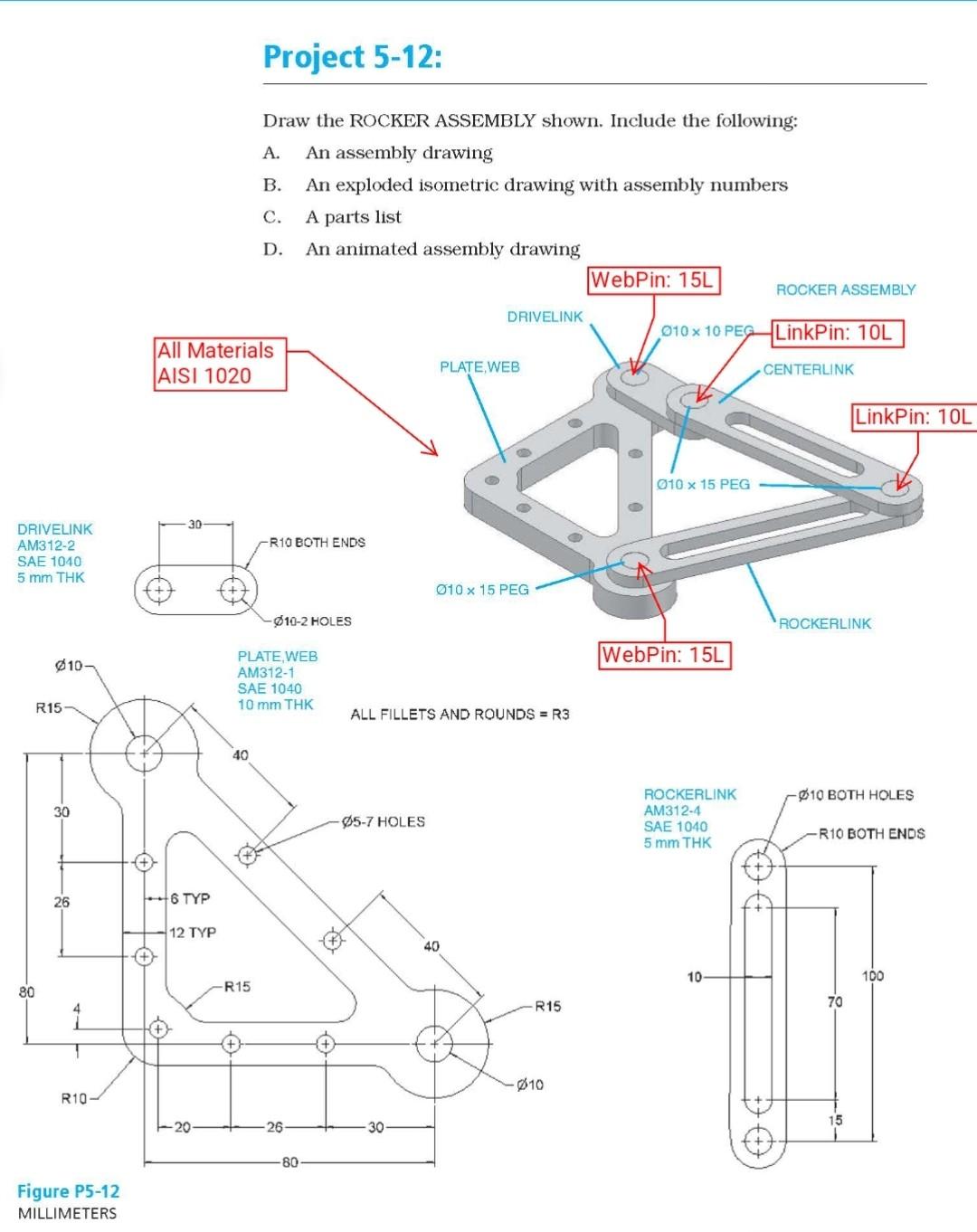 Draw the ROCKER ASSEMBLY shown. Include the | Chegg.com