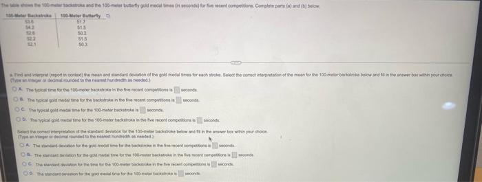Solved The table shows the 100 meter backstroke and the | Chegg.com