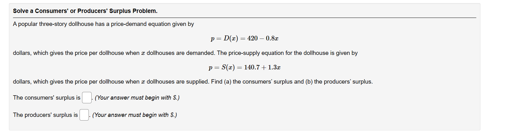 Solved Solve a Consumers' or Producers' Surplus Problem.A | Chegg.com