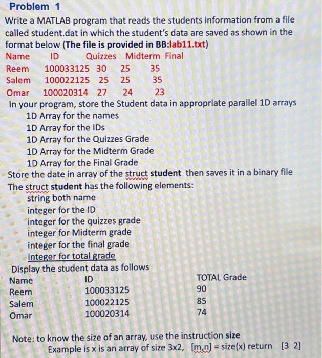 Solved Problem 1 Write a MATLAB program that reads the | Chegg.com