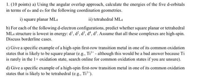 1. (10 points) a) Using the angular overlap approach, | Chegg.com