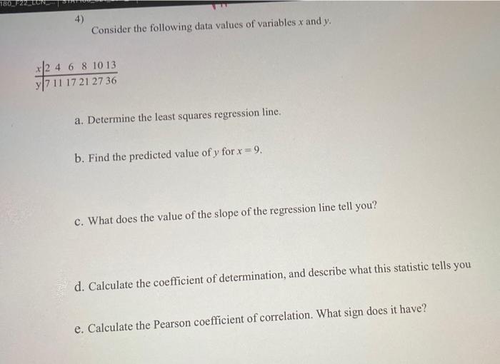 Solved 4) Consider the following data values of variables x | Chegg.com