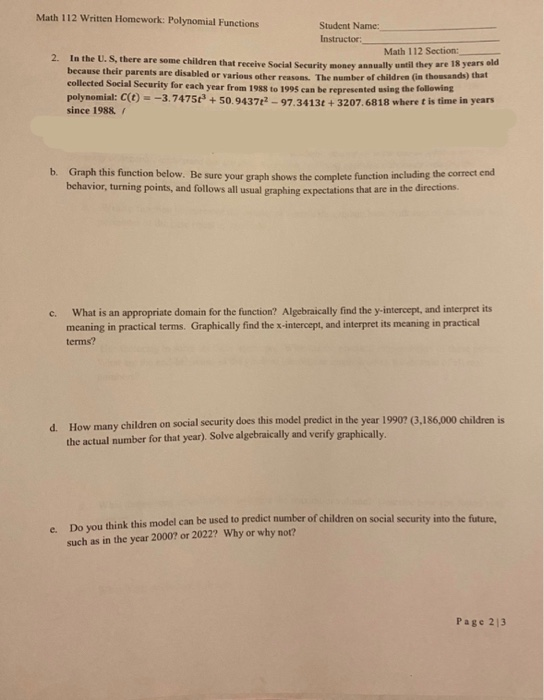Solved Math 112 Written Homework: Polynomial Functions | Chegg.com