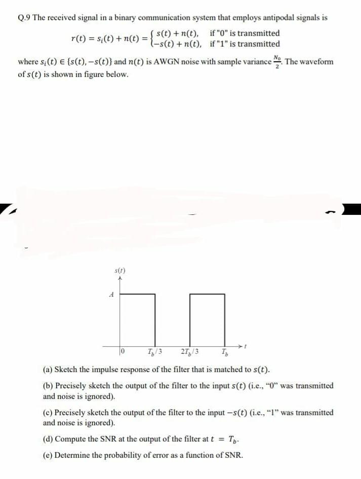 Solved Q.9 The received signal in a binary communication | Chegg.com