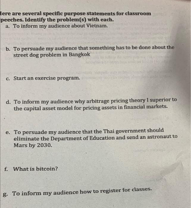 Here are several specific purpose statements for | Chegg.com