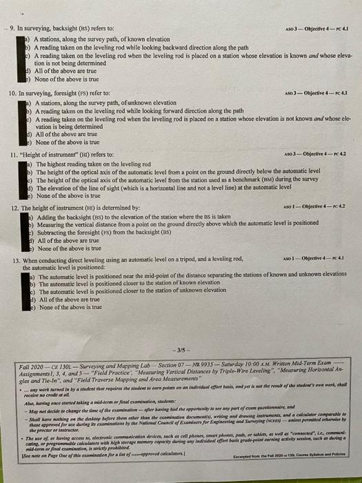 Solved 9. In surveying, backsight (BS) refers to: ASO3- | Chegg.com