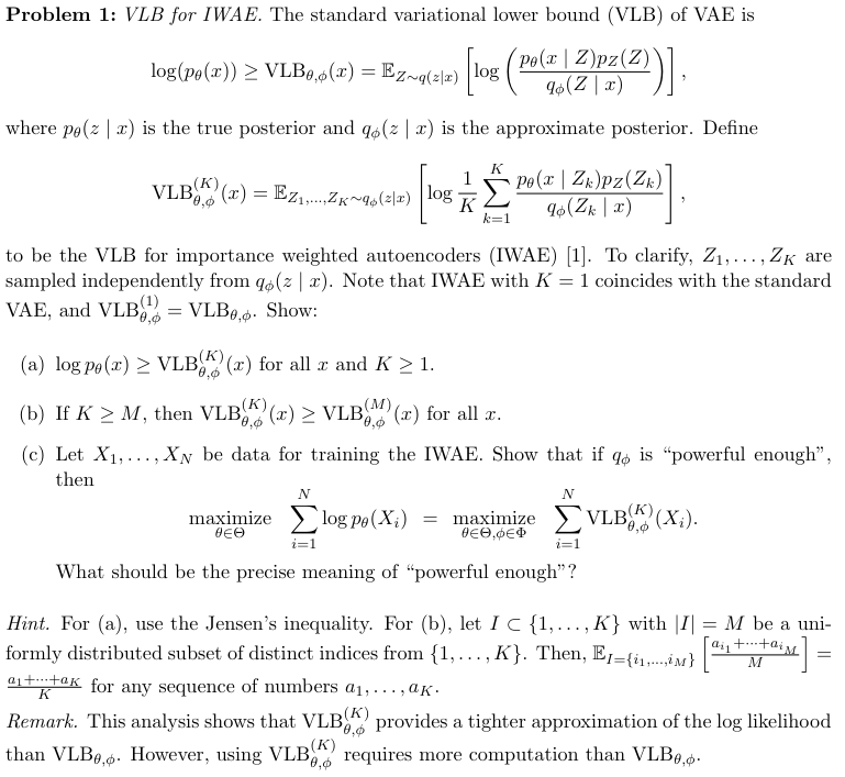 Solved Problem 1: VLB for IWAE. The standard variational | Chegg.com