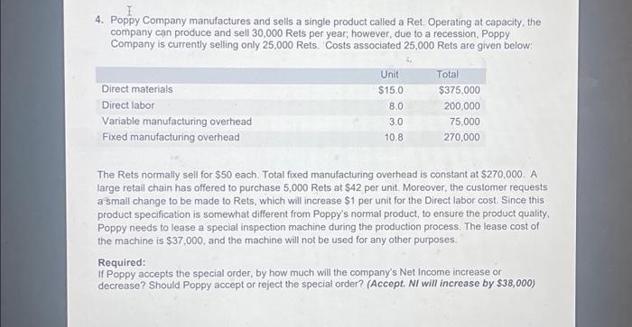 Solved I 4. Poppy Company manufactures and sells a single | Chegg.com