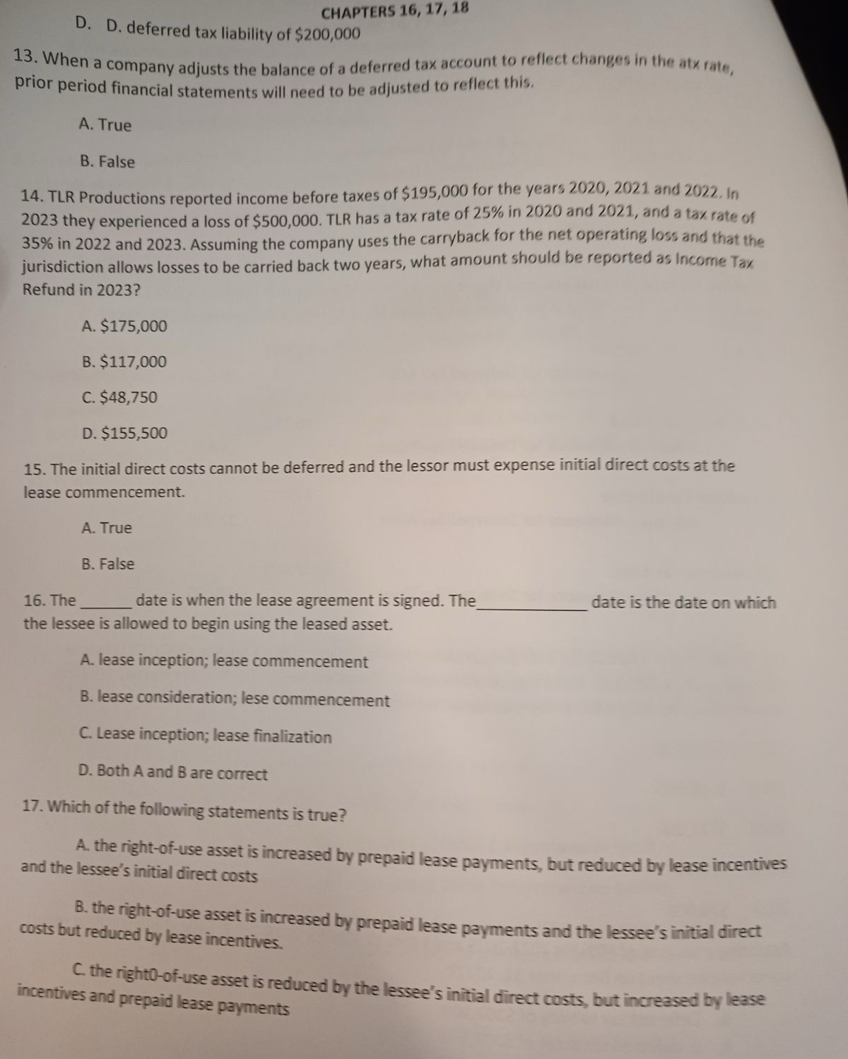 Solved CHAPTERS 16,17,18D. ﻿D. ﻿deferred tax liability of | Chegg.com