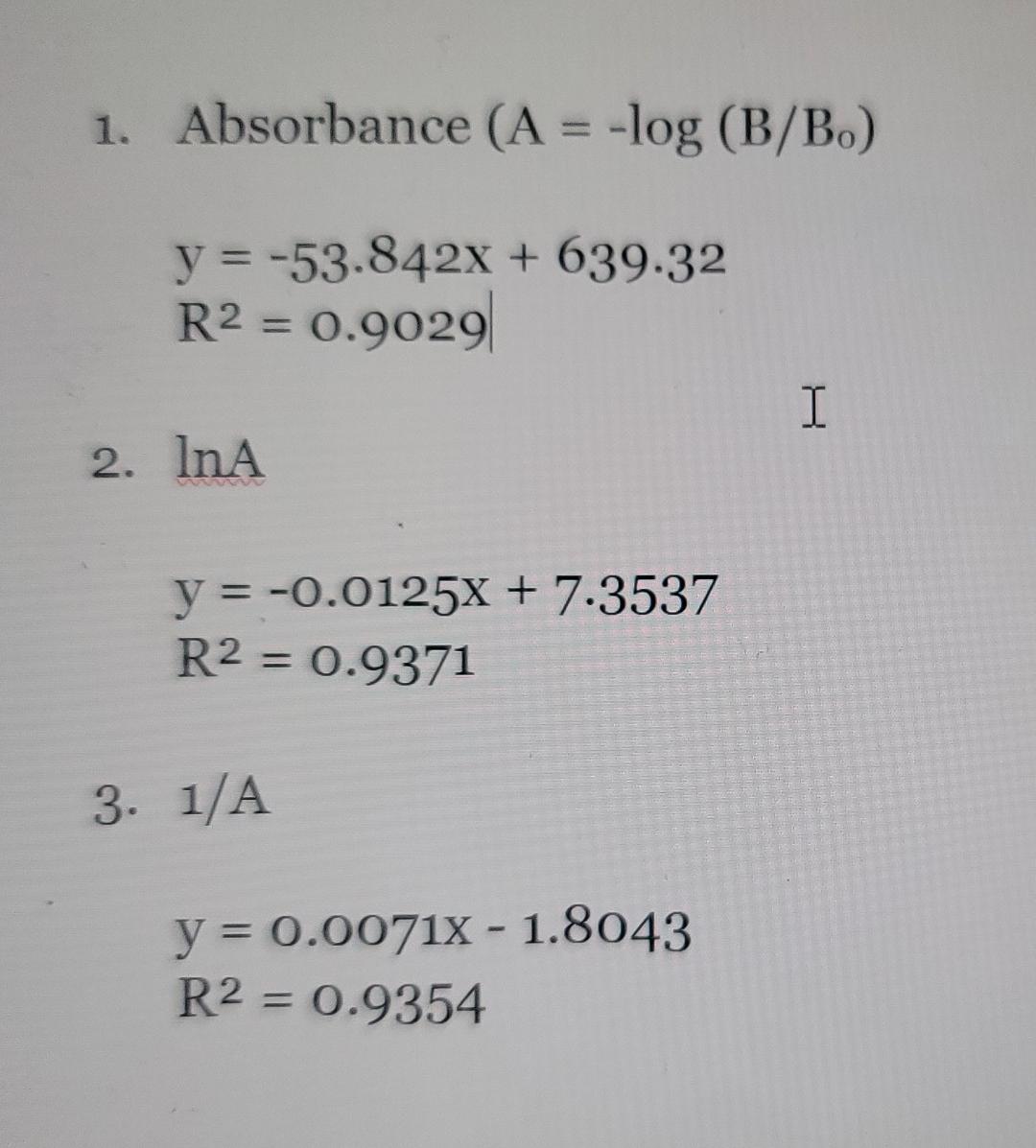 Solved 1. Absorbance (A = -log (B/B.) y = -53.842x + 639.32 | Chegg.com