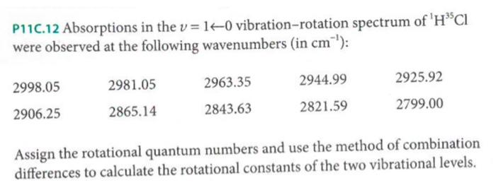 Solved P11C.12 Absorptions in the v=1←0 vibration-rotation | Chegg.com