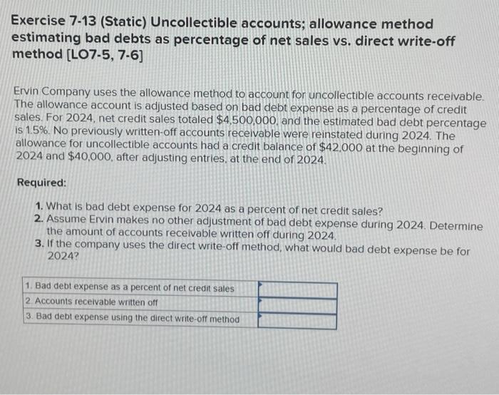 Solved Exercise 7-13 (Static) Uncollectible accounts; | Chegg.com