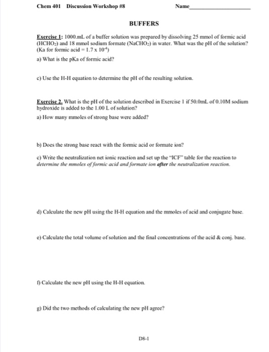 Solved Chem 401 Discussion Workshop #8 Name BUFFERS Exercise | Chegg.com