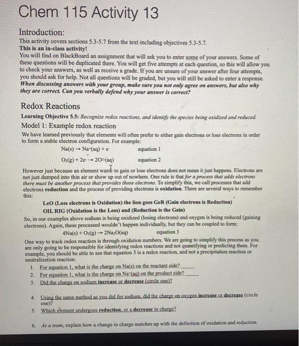 Solved Chem 115 Activity 13 Introduction: This activity | Chegg.com
