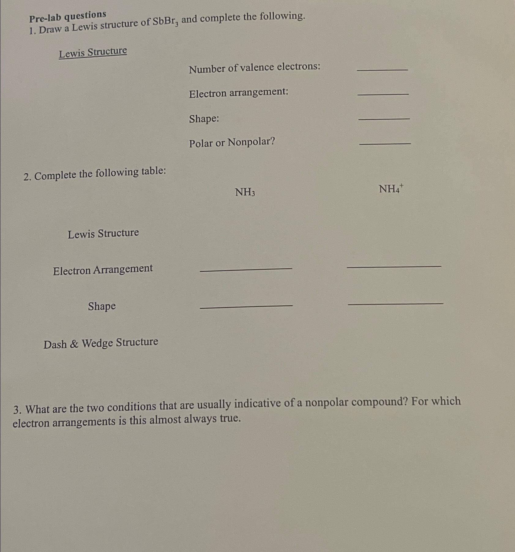 Solved Pre-lab questionsDraw a Lewis structure of SbBr3 ﻿and | Chegg.com