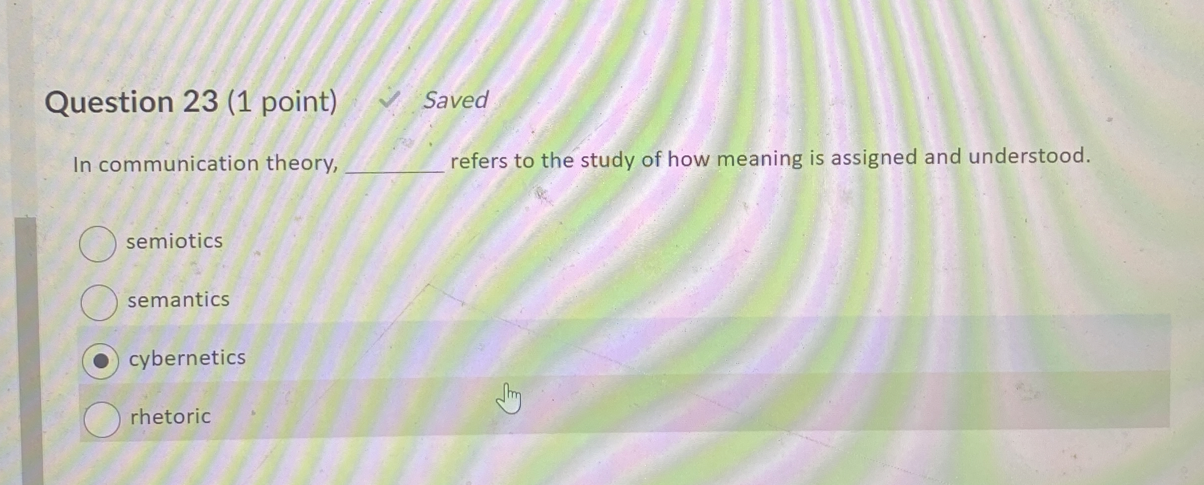 Solved Question 23 (1 ﻿point)In communication theory,refers | Chegg.com