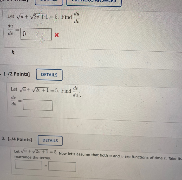 Solved du Let Vu+ 20+1 = 5. Find du du du 0 x . [-12 Points] | Chegg.com