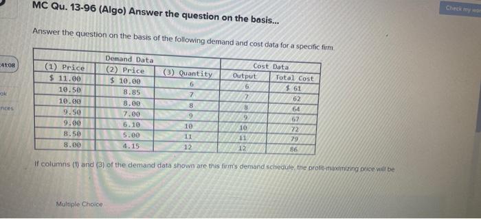 Solved MC Qu. 13−96 (Algo) Answer the question on the | Chegg.com